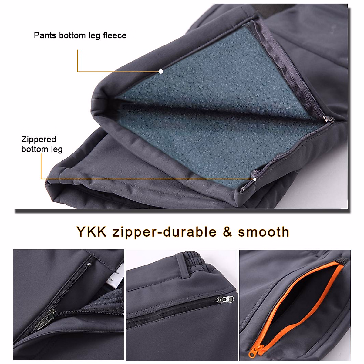 Gash Hao Mens Snow Ski Waterproof Softshell Snowboard Pants Outdoor Hiking Fleece Lined Zipper Bottom Leg (180Grey, 36W x 30L)