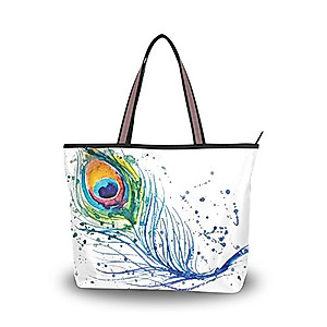 JSTEL Women Large Tote Top Handle Shoulder Bags Watercolor Peacock Feather Patern Ladies Handbag