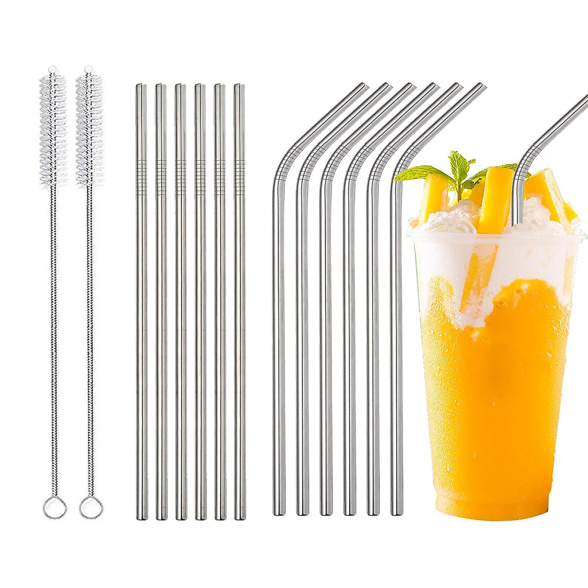 12-Pack Reusable Straws - Metal Straws Dishwasher Safe - Drinking Stainless Steel Straws for 20 oz and 12 oz Tumblers - 2 Cleaning Brushes Included