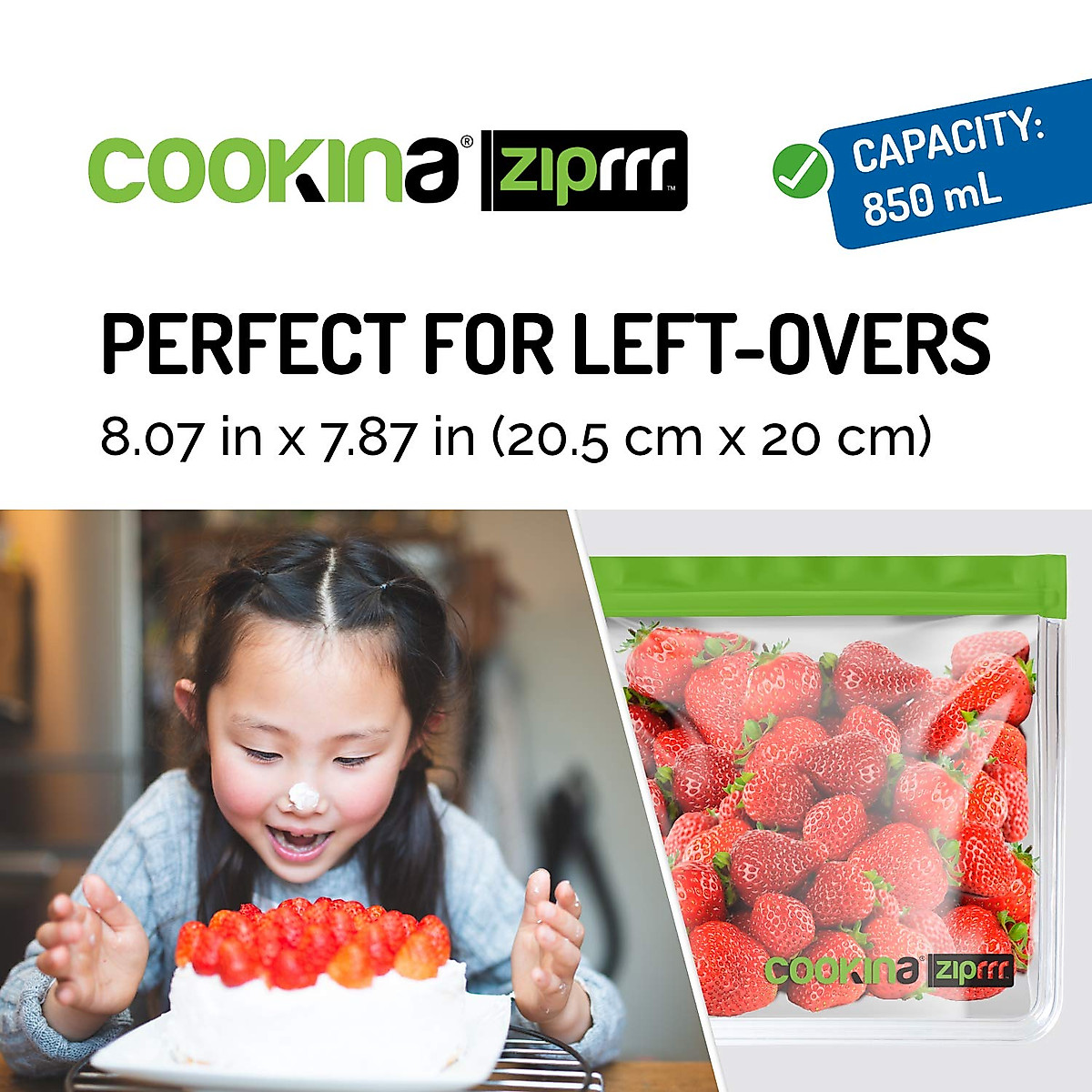 COOKINA ZipRRR Reusable Sandwich Bags – Freezer Safe and Leak-Proof PEVA Storage Bags (Pack of 2), clear, 8.07-inch x 7.87-inch