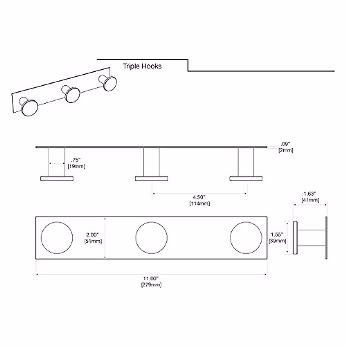 Gatco 1288 Modern Decor Wall Hook, 3-Hook, 11" W. Coat Hat Towel Robe Hook. for Entryway, Living, Kitchen, Bathroom, Bedroom. Sturdy Chrome on Premium Brass.