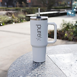 PURELY 40 oz Ceramic Lined Insulated Tumbler with Handle, Leak Resistant 2-way Lid and Straw, Ceramic Lined Travel Mug (White, 40oz)