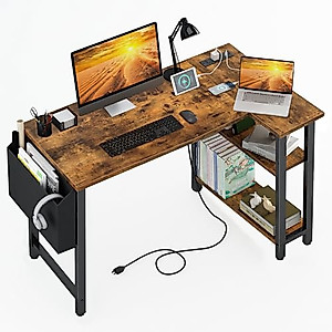 Lufeiya Small L Shaped Desk with Power Outlet Shelves, 40 Inch Corner Desk for Small Space Home Office, L-Shaped Computer Desk PC Desks with Charging Station, Rustic Brown