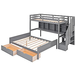 BIADNBZ Twin XL Over Full Bunk Bed with Built-in Storage Shelves and Drawers,Multi-Function Bedframe with Storage Staircase for Bedroom,Gray