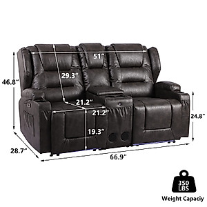 ETAGERIA Home Theater Seating 67" RV Recliner Double Reclining Loveseat Electric Recliner Loveseat Sofa with Console,Light Bar,Cup Holder (Black Grey)