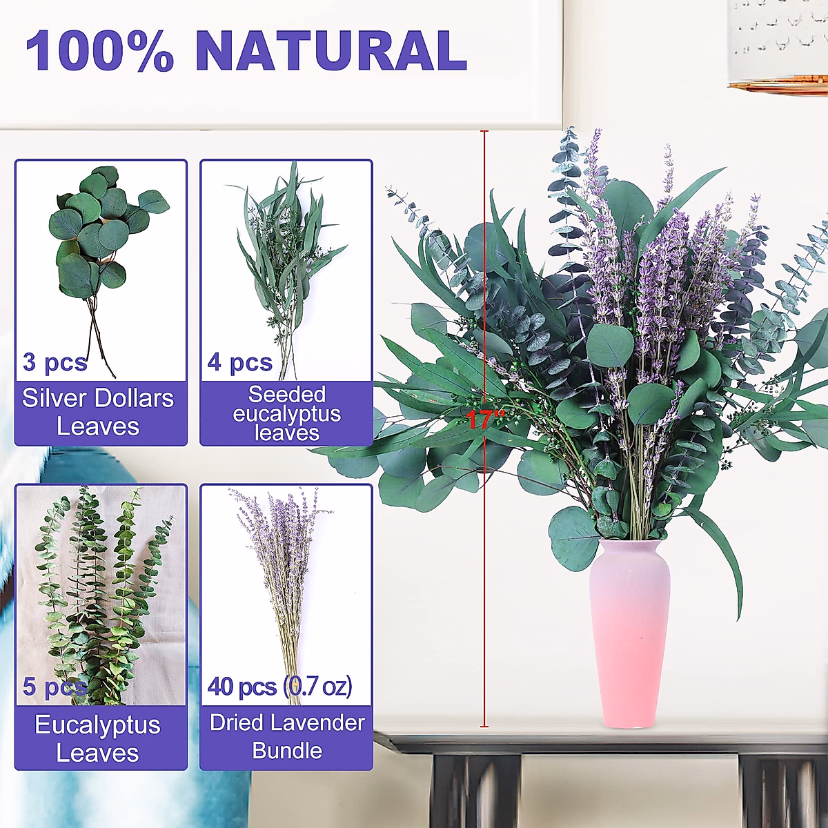52 PCS Mix Dried Eucalyptus & Lavender Flowers Bundles for Shower, 17'' Natural Real Hanging Silver Dollar Eucalyptus Leaves Stems, Fragrance Fresh Plants Home Bathroom Decor (52pcs)