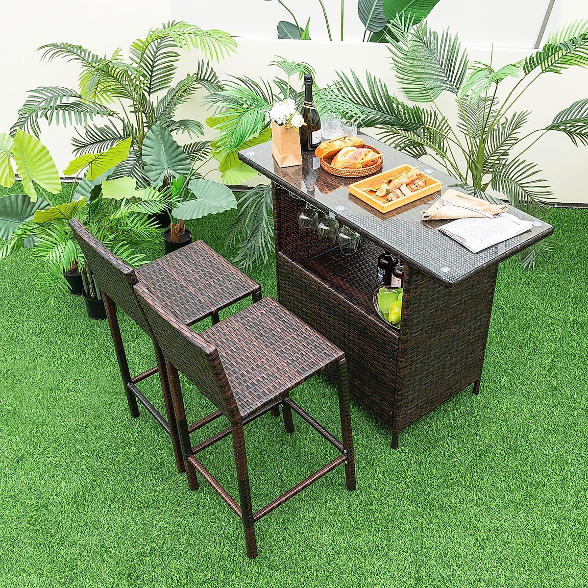 Tangkula Outdoor Bar Set, 3 Pieces Patio Wicker Bar Height Table and Chair Set with 3 Rows Stemware Racks, Hidden Storage Shelf, Tempered Glass Tabletop, 2 Stools for Backyard, Poolside (Mix Brown)