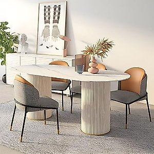 LAKIQ Slate Stone Oval Dining Table Contemporary Kitchen Dining Room Table Double Pedestal Table-Table Only-Without Chairs(White, 78.7" L x 31.5" W x 29.5" H)