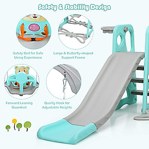 Costzon 4 in 1 Toddler Slide and Swing Set, Little Bear Indoor Outdoor Baby Swing with Slide, Swing, Climber, Basketball Hoop and Ball, Kids Climber Playground Playset for Girls Age 1+ Gifts Presents
