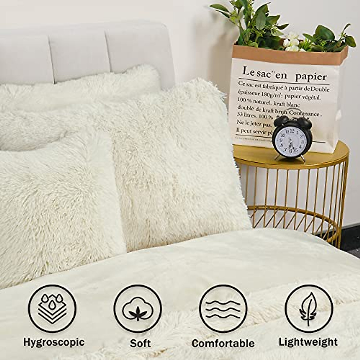Plush Duvet Cover Set, Luxury Ultra Soft Velvet Duvet Cover Set Fluffy Plush Shaggy Bedding Sets 4 Pieces(1 Duvet Cover + 2 Pillow Case + 1 Pillow Cover) Zipper Closure (Queen, Light Beige)
