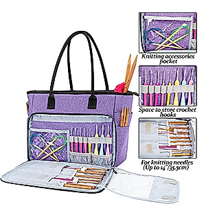 CURMIO Yarn Storage Bag, Knitting Bag for WIP Project, Crochet Hooks, Knitting Needles(up to 14"/35.5cm) and Yarn Skeins, Purple(Bag Only)