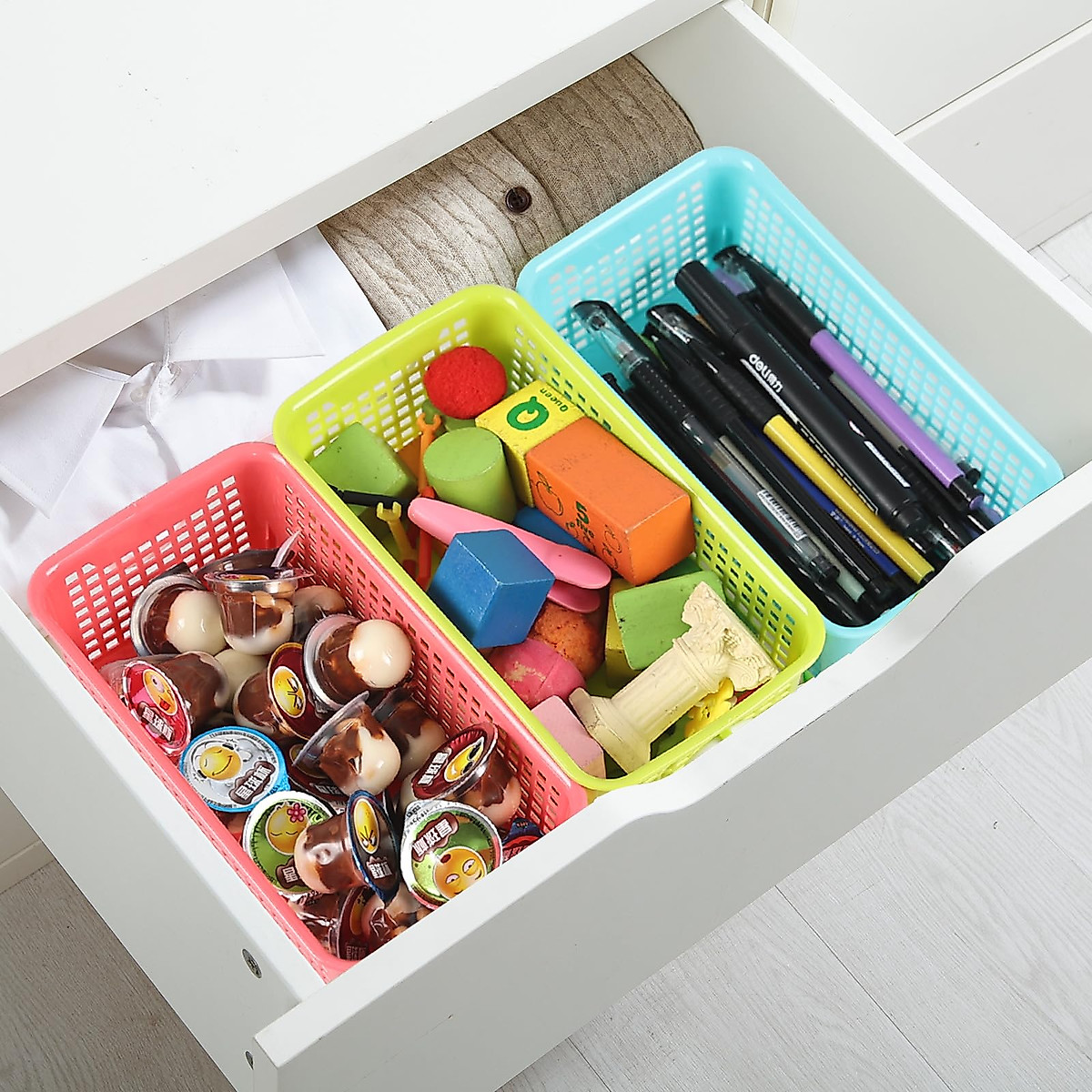 Haodehen 12 Packs Plastic Storage Baskets with Handle, Small Plastic Desktop Organizer Bins