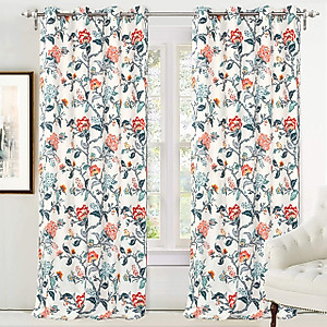 DriftAway Ada Floral Botanical Print Flower Leaf Lined Thermal Insulated Room Darkening Blackout Grommet Window Curtains 2 Layers Set of 2 Panels Each 52 Inch by 84 Inch Ivory Orange Teal