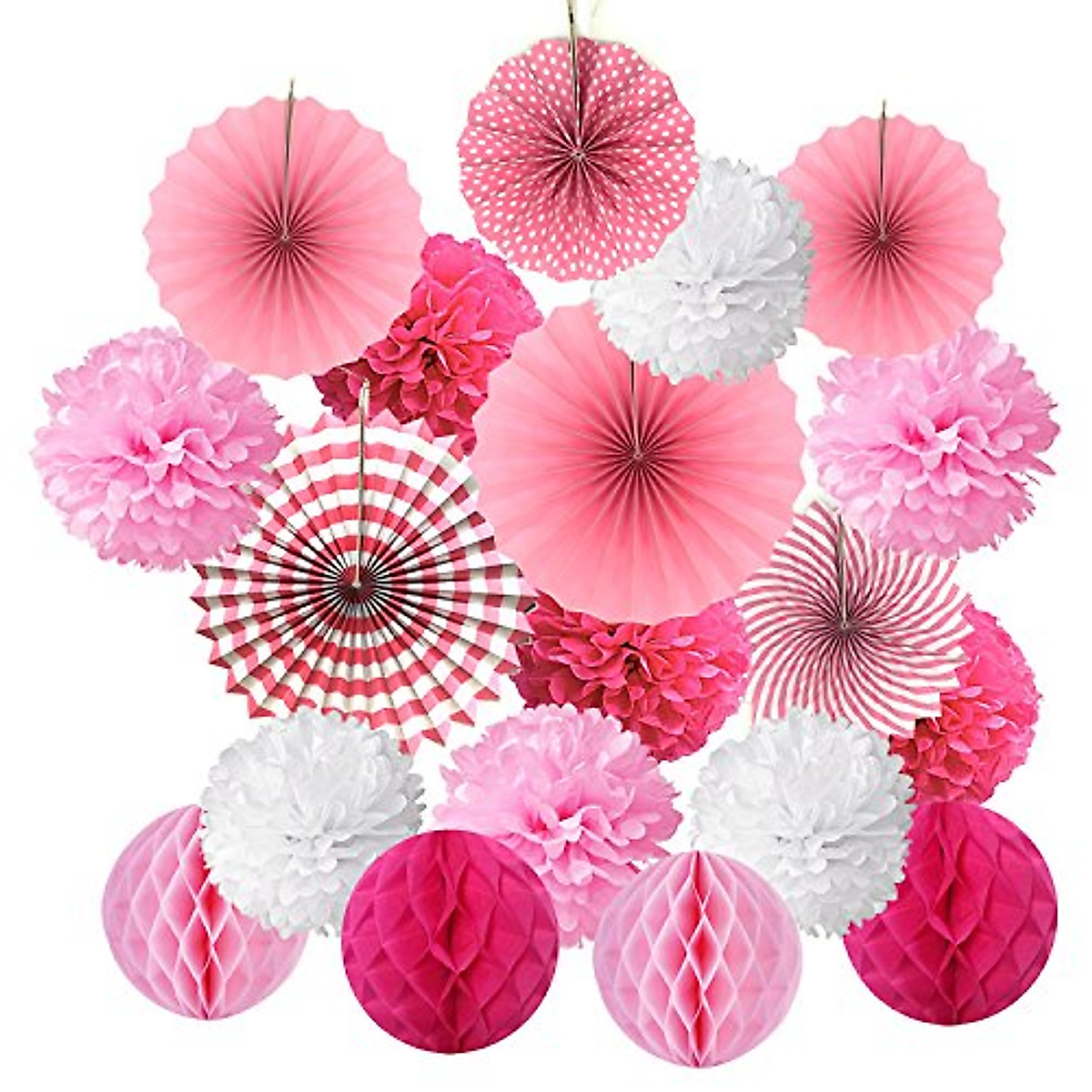 Cocodeko Hanging Set, Tissue Paper Poms Flower Fan and Honeycomb Balls for Birthday Baby Shower Wedding Festival Decorations-Pink, 3 Gram