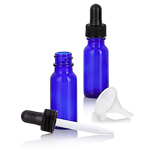 JUVITUS 0.5 oz / 15 ml Cobalt Blue Glass Boston Round Bottle with Black Dropper (2 Pack) + Funnel