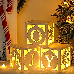 Light Up Christmas Decorations Indoor - 3pcs White Hollow-Out Paper Joy Boxes with Warm Light String, Holiday Fireplace Christmas Decorations for Home