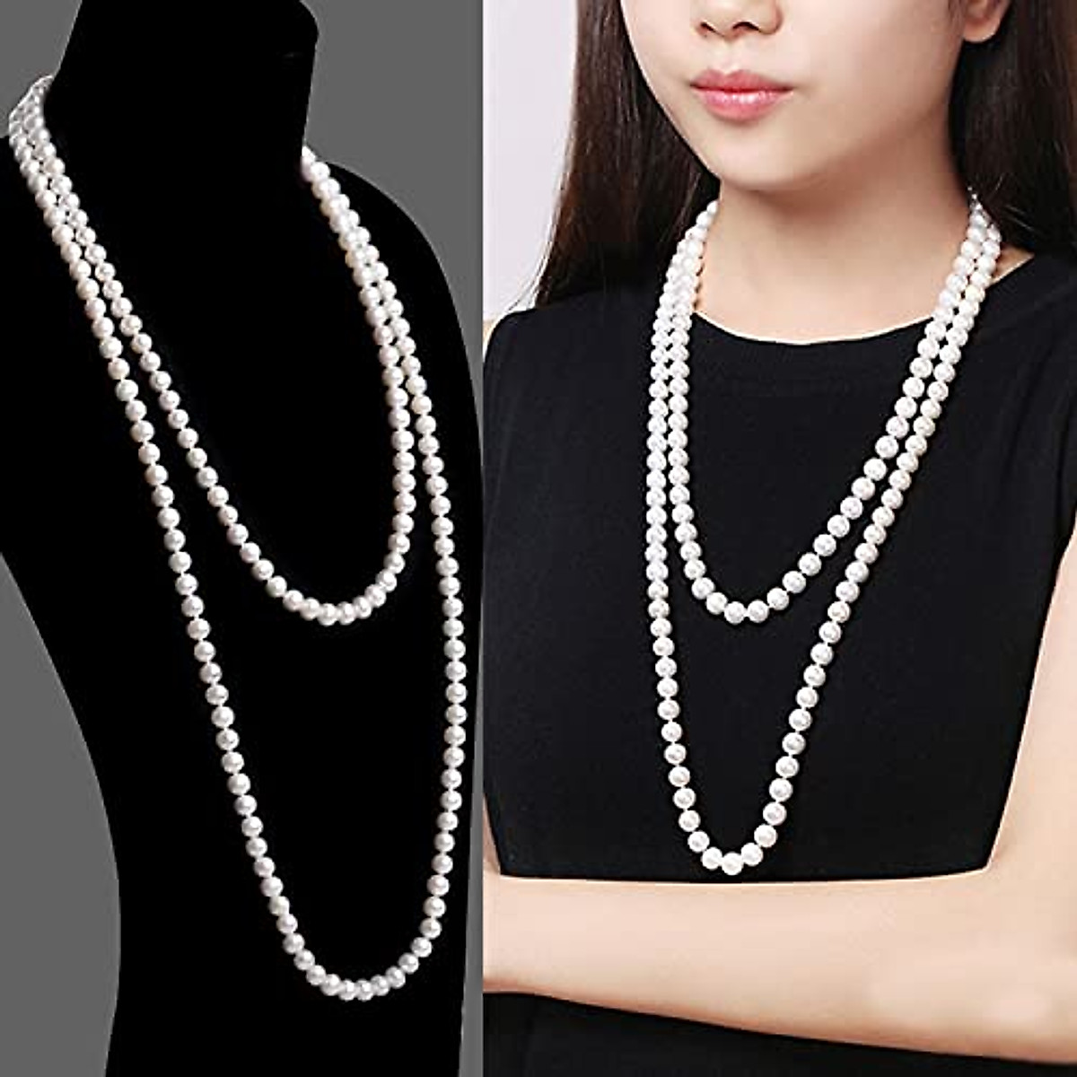 1920s Long Fake Pearls Necklace Layered Retro Vintage Imitation Round for Women Flapper Party Wedding Mother's Day Gift-White