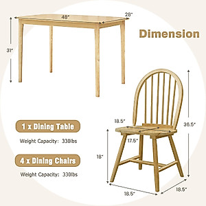 Giantex 48" L Wooden Dining Table Set for 4, 5PCS Rectangular Kitchen Table Set w/Rubber Wood Supporting Legs, Farmhouse Dinner Table & 4 Windsor Chairs for Kitchen Dining Room Small Space