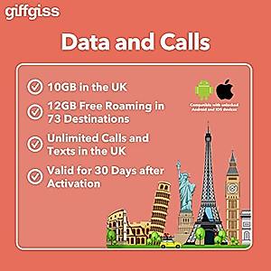 Three Europe Prepaid SIM Card - 10GB Data + Unlimited Calls and Texts in UK, 12GB Free Roaming in 73 Destinations, Valid for 30 Days, Standard/Micro/Nano for iPhone and Android