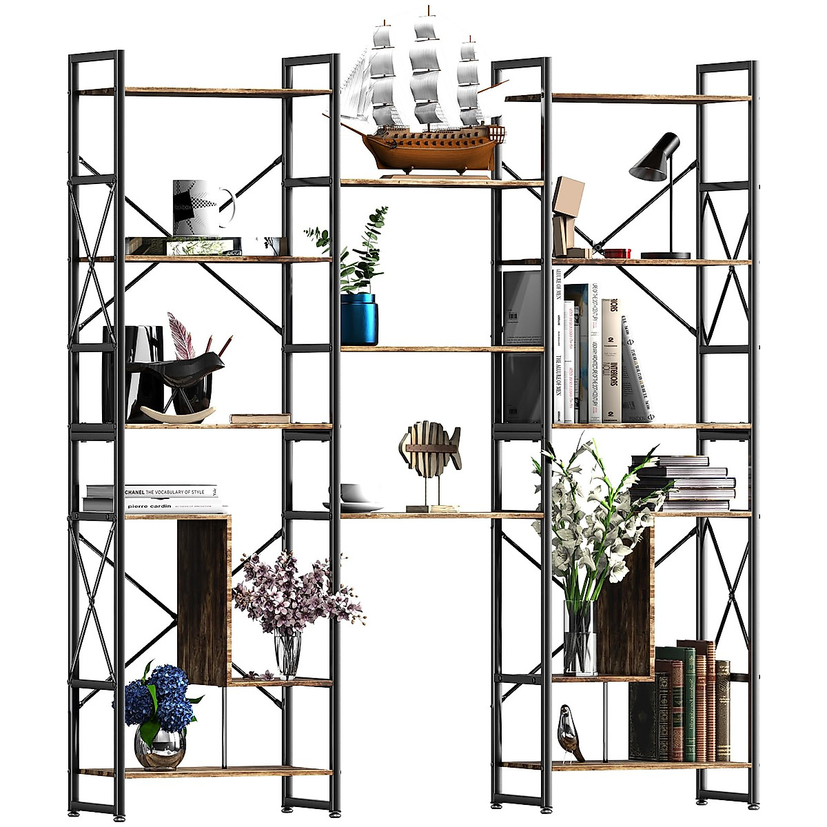 KIDSU Large Bookshelf,Industrial Bookacse with 15 Open Display Shelves,Triple Wide 5 Tier Wood and Metal Bookshelf,Modern Grey Bookshelve for Living Room,Office,Bedroom (Rustic Brown)