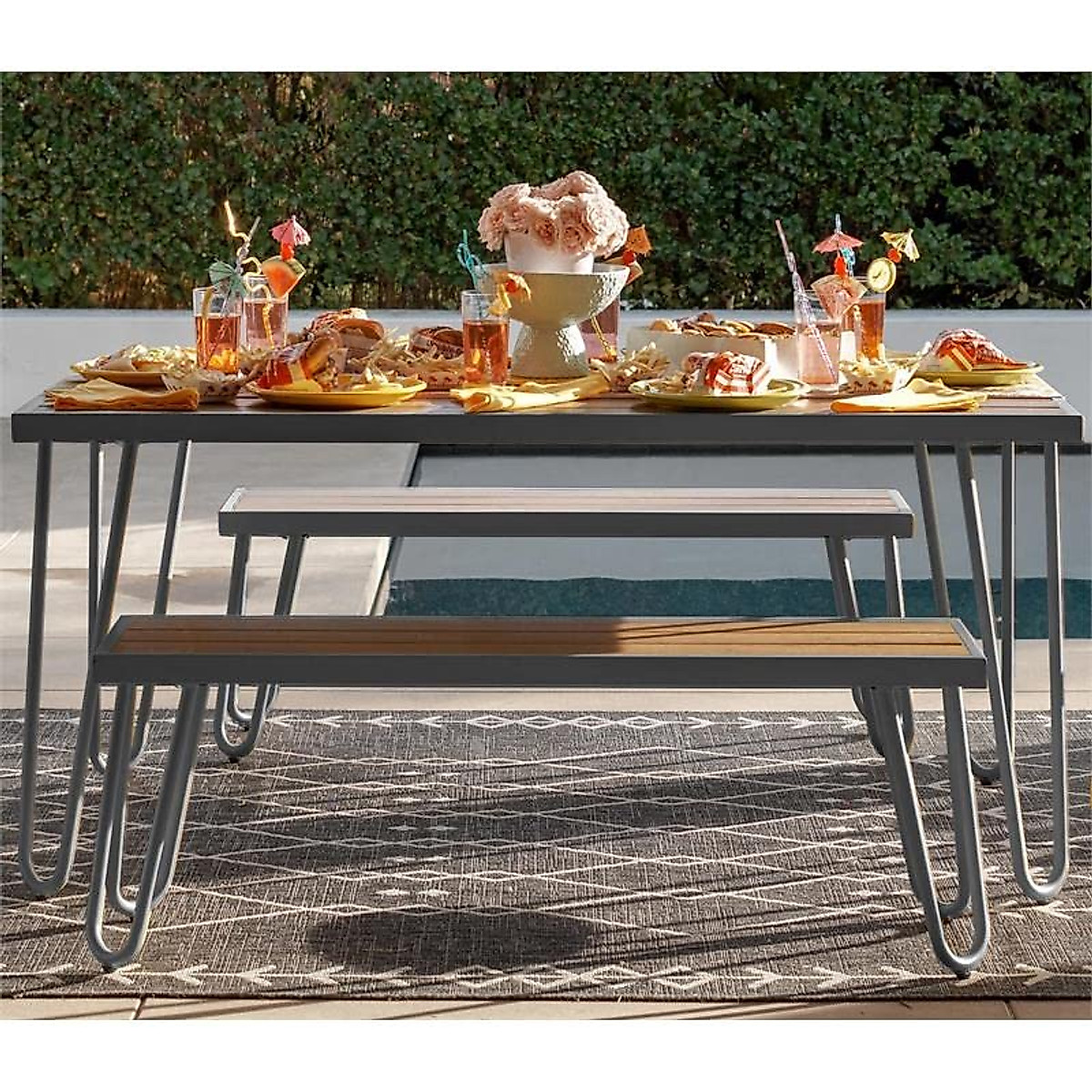 Novogratz 88192CNOE Poolside Paulette Outdoor Table and Bench Set, Charcoal