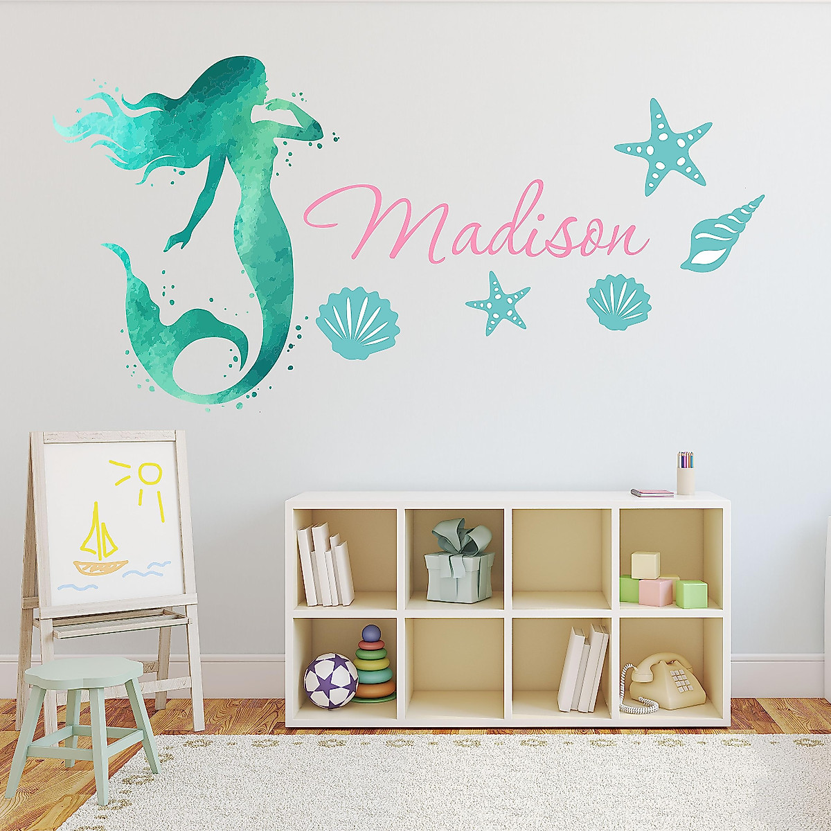Girls Custom Personalized Watercolor Name Mermaid and Shells Nursery Decor Wall Decal Stickers (Medium)