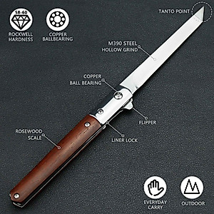 Carimee Slim Pocket Knife - 4 inch Gentlemen EDC Knife - Tanto l Blade with Ball Bearing - Liner Lock and Leather Sheath for Box and Letter Opener, 2024 Gifts fo men women