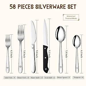 Amrules 58-Piece Silverware Set Service for 10 - Stainless Steel Flatware Cutlery Set - Knives Forks and Spoons Utensil sets for Home Kitchen Restaurant Hotel, Mirror Polished, Dishwasher Safe