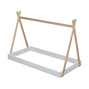 BestLM Twin Size Wood Tent Floor Bed with Triangle Structure, Montessori Floor Bed for Kids Teens Boys Girls, White+Natural