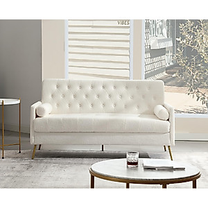 Guyou 60'' Loveseat Sofa Couch, White Sherpa Upholstered 2-Seat Love Sofa Chair with Arms for Living Room Tufted Small Couch Sofa with Removable Cushion and Gold Legs