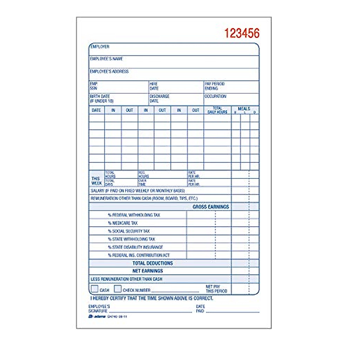Adams Employee Payroll Record Book, 2 Part, Carbonless, 4.19 x 7.19, 50 Sets per Book, White and Canary (D4740)