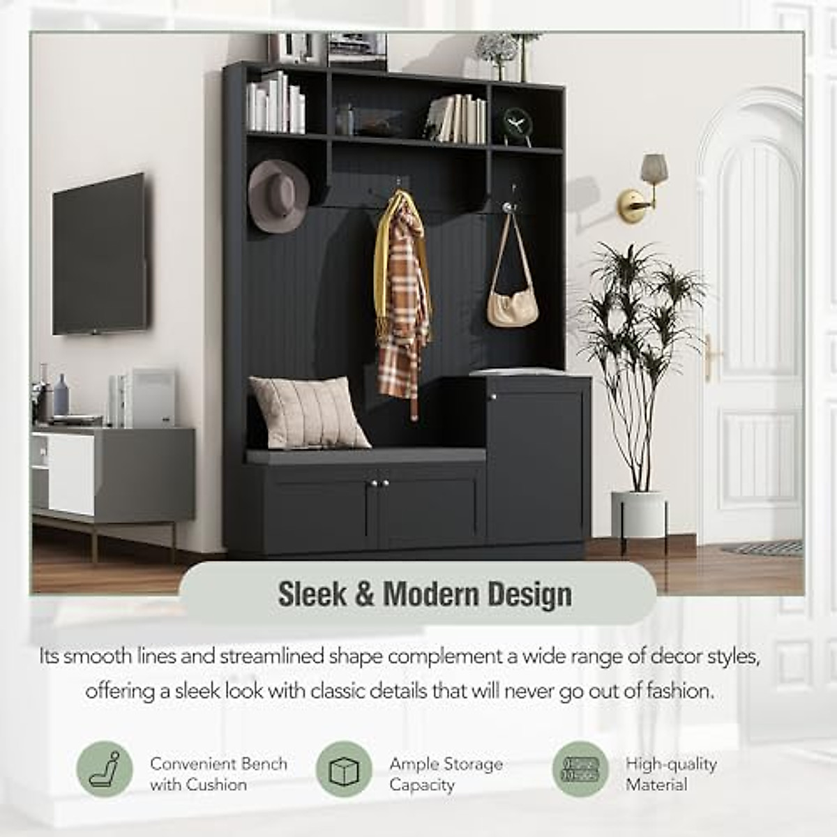 BNSPLY 59" Hall Tree with Bench and Shoe Storage, Modern Entryway Bench with Coat Rack and Cushion, Mudroom Bench with 2 Large Storage Cabinet,3 Metal Hooks and Top Shelves for Hallway (White)