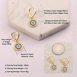 PEARLADA 18K Gold Round Evil Eye Dangle Hoop Earrings for Women Small Micro-inlaid Cubic Zirconia Charm Jewelry Fashion Hammered Coin Earrings