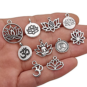 100g(80pcs) Craft Supplies Antique Silver Yoga OM Lotus Flower Charms for Jewelry Making Crafting Findings Accessory for DIY Necklace Bracelet (M294)
