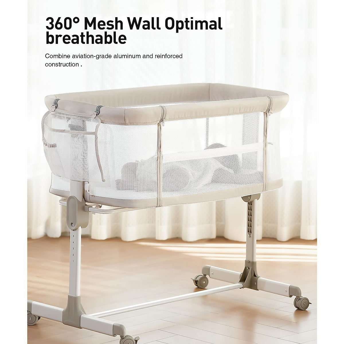 Fodoss Baby Bassinets Bedside Sleeper - All Mesh Bedside Bassinet with Wheels, 7 Height Adjustable Baby Bassinet for Infants, Beige