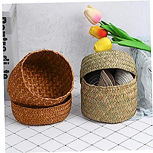 tJexePYK Mini Wicker Storage Baskets with Lid Natural Round Desktop Storage Basket Japanese Style Small Spun Wicker Basket Box