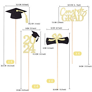 Gexolenu 16 PCS Gold and Black Double-Sided 2024 Graduation Centerpieces for Tables, 2024 Table Toppers Party Centerpiece Sticks Party Supplies, Graduation Party Decorations Class of 2024, Set of 4
