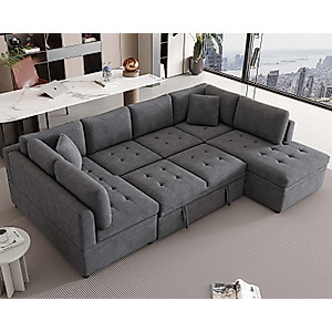 Suheww Pull-Out Sleeper Sectional, 117.3" Modular Sectional Sleeper Sofa with Pull Out Couch Bed, U Shaped Sectional Sleeper Sofa with Pullout for Living Room Grey