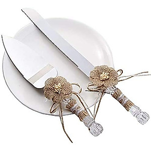 TANG SONG Set of 2 Rustic Wedding Cake Knife and Serving Set with Burlap Flower and Lace Wedding Cake Knife (Set of 2)