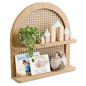 Eostbe Rattan Wall Shelf Boho Nursery Decor, 2-Tier Arched Woven Natural Wood Wicker Wall Shelf, 16''L Neutral Handcrafted Rattan Nursery Shelf, Decorative Shelf for Living Room,Bedroom & Bathroom