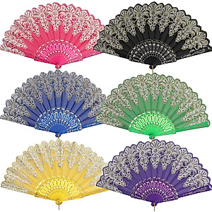 BABEYOND 6pcs Vintage Folding Hand Fan Gold Decoration Handheld Folding Fan Fabric Folding Fan for Wedding Dancing Party (Color Random Selected with Gold decoration)