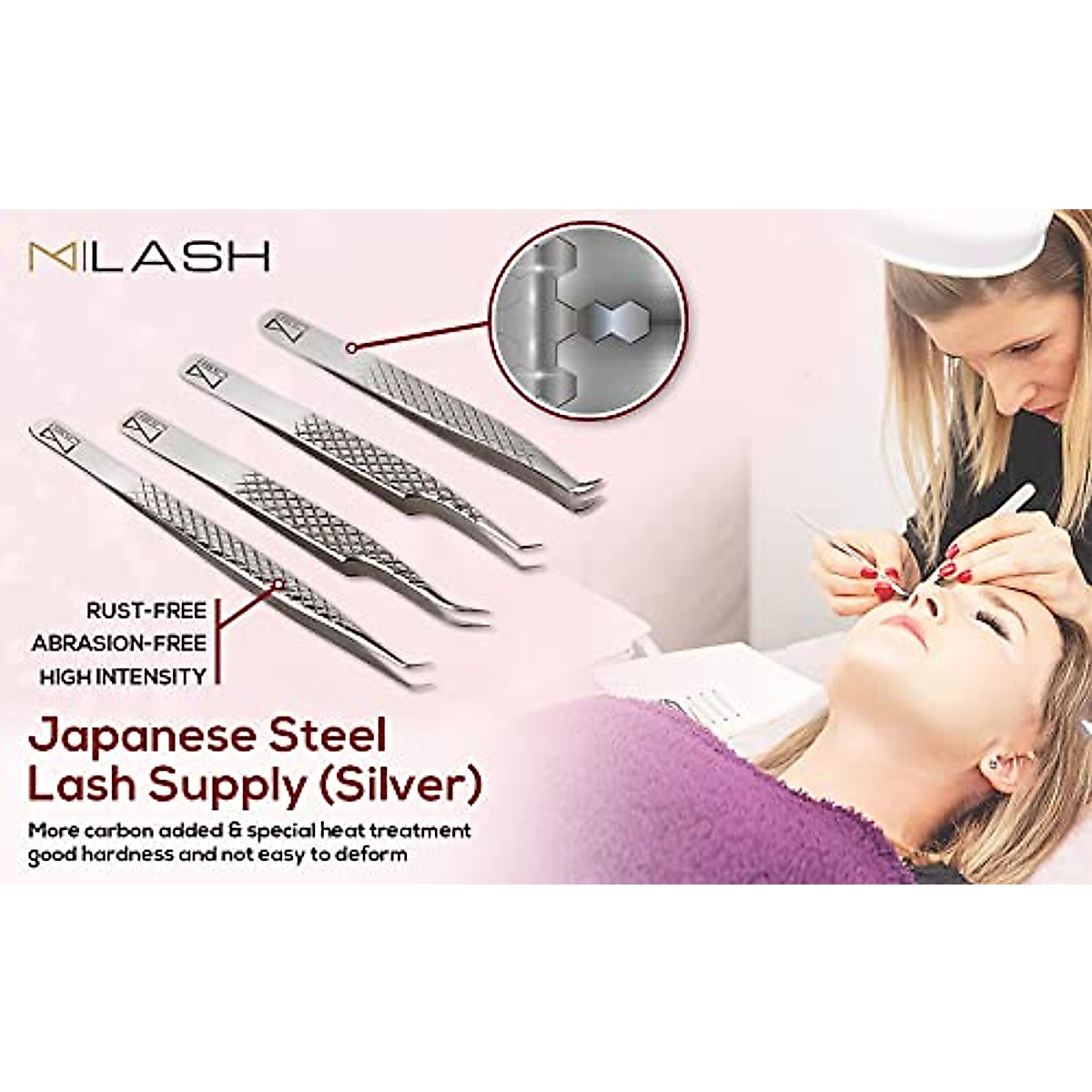M LASH Eyelash Extension Tweezers (Set of 4) - Professional & Precision Lash Tweezers for Eyelash Extensions - Japanese Steel, Diamond Grip, Fiber Tip (Matte Black)