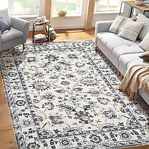 GAOMON Thin Washable Area Rug 8x10 Area Rug for Living Room Bedroom Rug Lightweight Vintage Large Area Rug，Machine Washable Stain Resistant Anti Slip Home Decor Rug (Grey,8'x10')