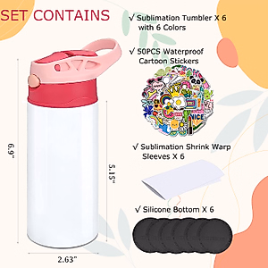 Gekestory Kids Sublimation Tumblers, Sublimation Water Bottle Blanks, 6PACK 12oz Straight Double Wall Kids Sippy Cups, Blank Cups for Heat Transfer, with DIY Stickers Shrink Wrap Rubber Base (6PACK)