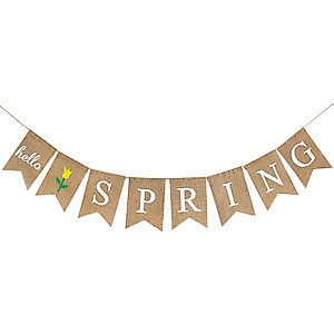 Hello Spring Banner Burlap, Spring Decorations for Home, Rustic Spring Banner Garland, Mantel Fireplace Hanging Decor for Easter Party Indoor Outdoor Decor Favors Photo Props