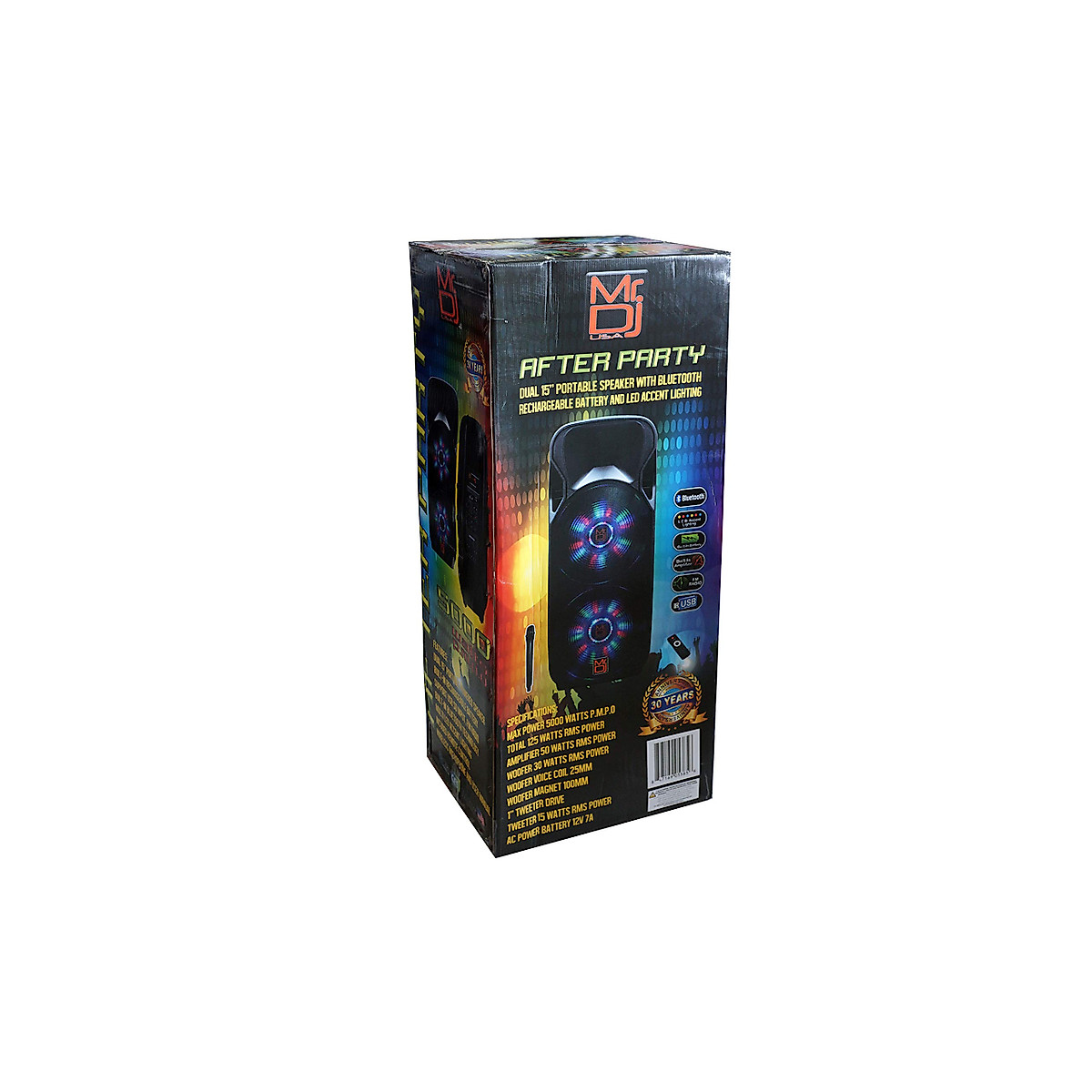 Mr. Dj AFTER PARTY Dual 15" 5000 Watt Max Power Speaker with Built-in Bluetooth & Battery LCD/MP3/USB/SD Slot