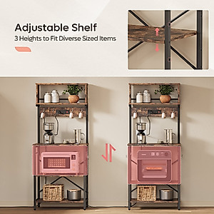 Bestier Bakers Rack with Power Outlets, Height Adjustable Microwave Stand, Kitchen Storage Shelf Rack with 8 S-shaped Hooks, Coffee Bar Table 5 Tiers Rustic