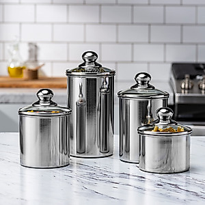 Set of 4 AIRTIGHT STAINLESS STEEL CANISTER SET for Kitchen Counter with GLASS LIDS + MARKER, LABELS, & SCOOP, Kitchen Canisters Ideal for Coffee, Flour, Sugar, Candy, Spices, Food Storage Cookie Jar