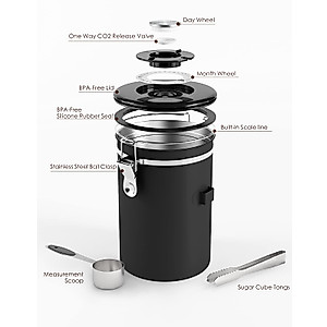 HAIOOU Airtight Coffee Canister, 22OZ Large Stainless Steel Coffee Bean Storage Container with Date Tracker, Measuring Scoop, 6Pcs CO2 Valves and Mini Tongs for Beans, Grounds, Sugar and more - Black