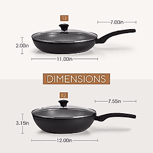 KOCH SYSTEME CS CSK 11+12in Nonstick Frying Pan Sets With Glass Lids-Cookware Sets With Stone-Derived Ultra Nonstick Coating,100% PFOA&APEO Free,Induction Available Frying Skillets,Wok Pans,4PC,Black